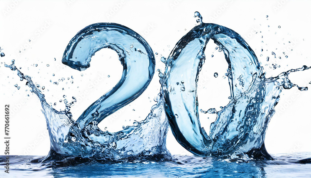 Number 20 made of water with splashes on white background. Blue liquid ...