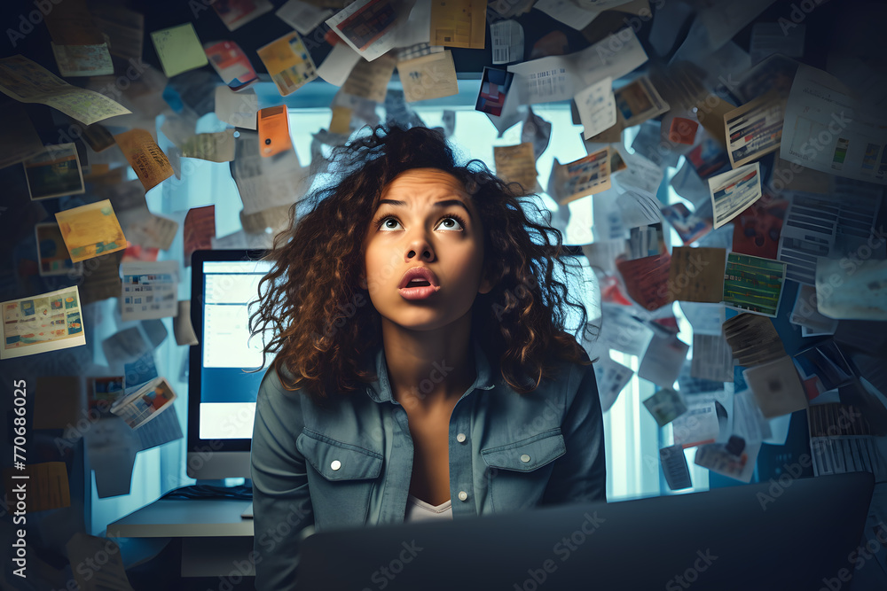 Surprised, stressed girl looks at a board with reminder stickers in the ...