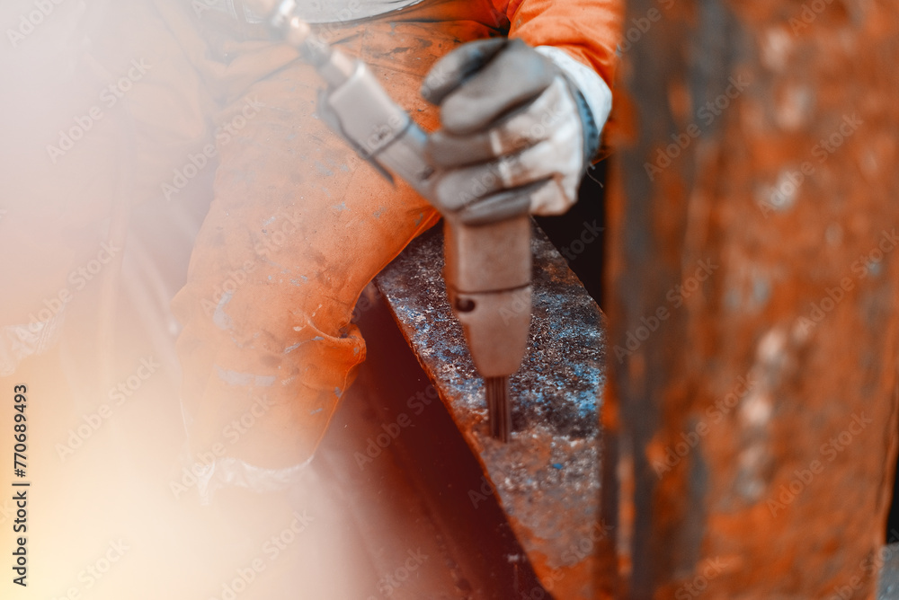 Seafarer Seaman Worker Holding Jet Chisel Air Pressure Machine At Work ...