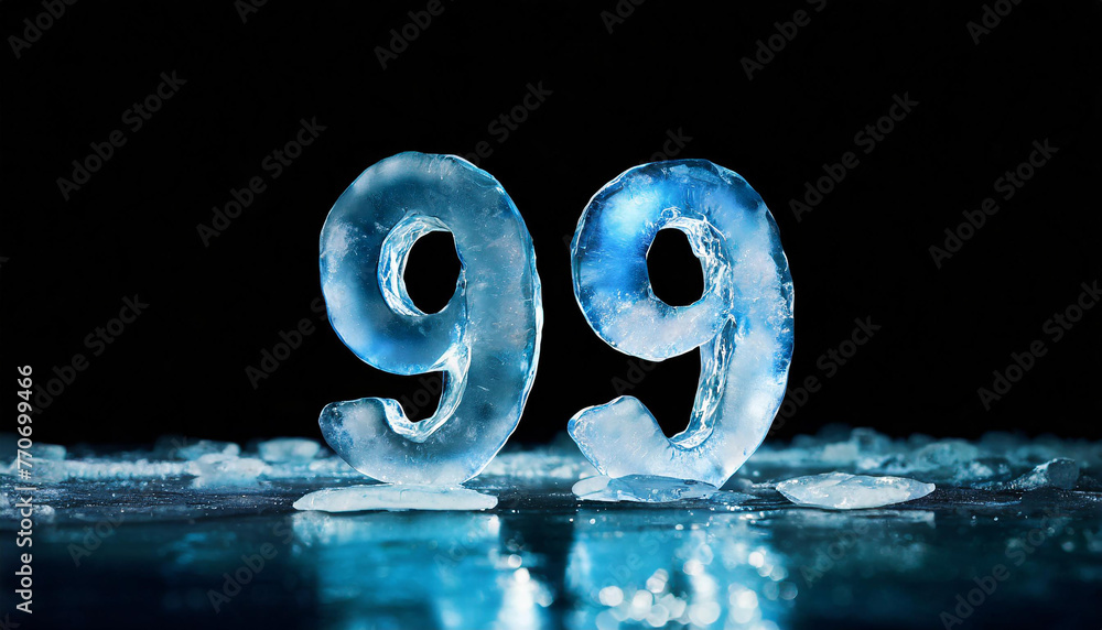 Number 99 made of water ice on black background. Cold blue figure. 3D ...