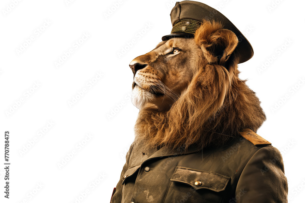 Lion in a lieutenant uniform, leading a pride in the savannah isolate ...
