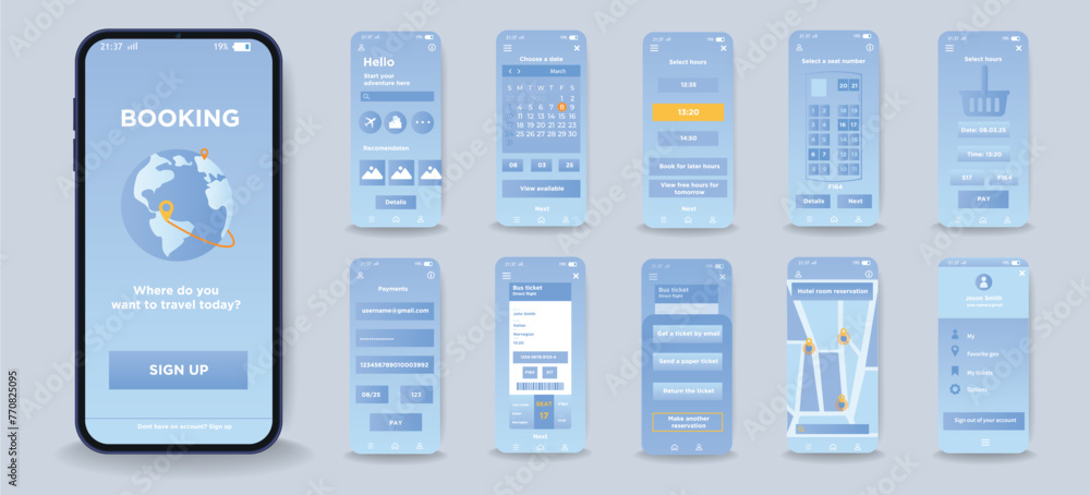 Concept of smartphone booking interface in flat design. Blue design of ...