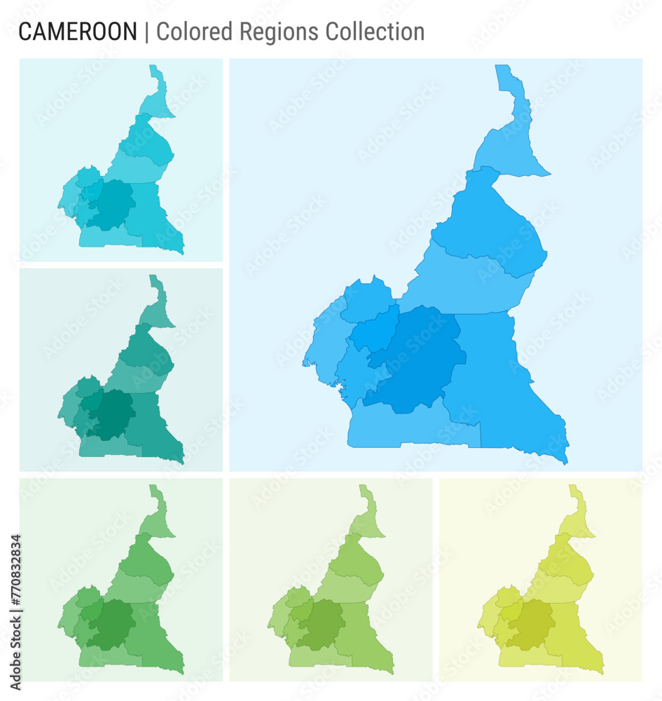Cameroon map collection. Country shape with colored regions. Light Blue ...