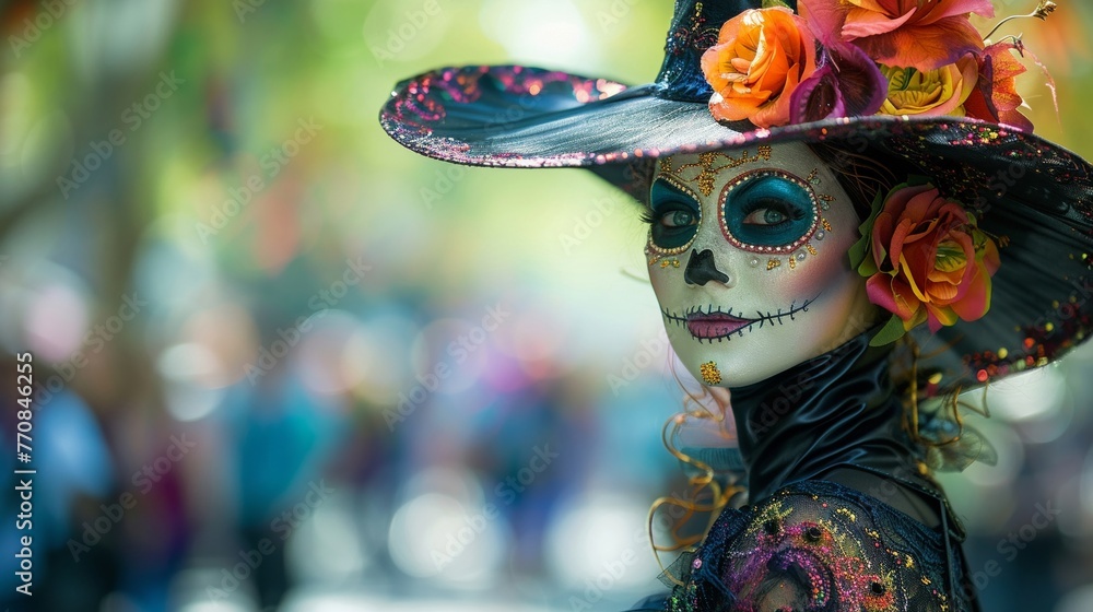 Catrina figure at a Dia de los Muertos parade, iconic skeleton costume ...