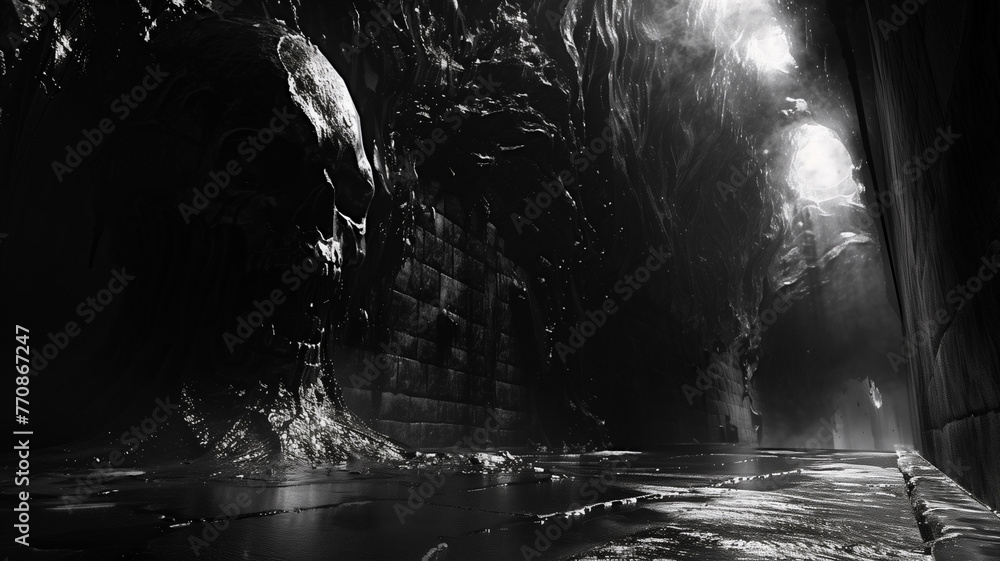 Fantasy horror walking way scene, scary underground tunnel under ruins ...