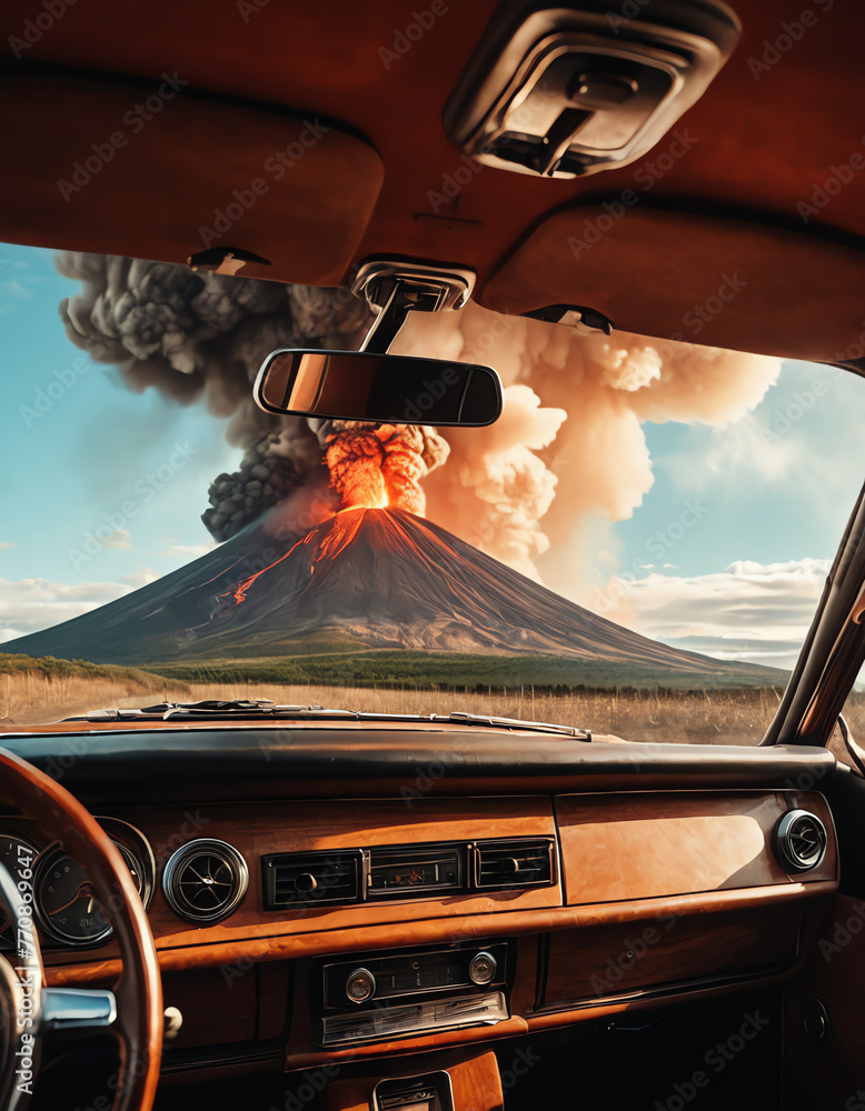 Illustration Stock Erupting Volcano Witnessed from Vintage Car Interior ...