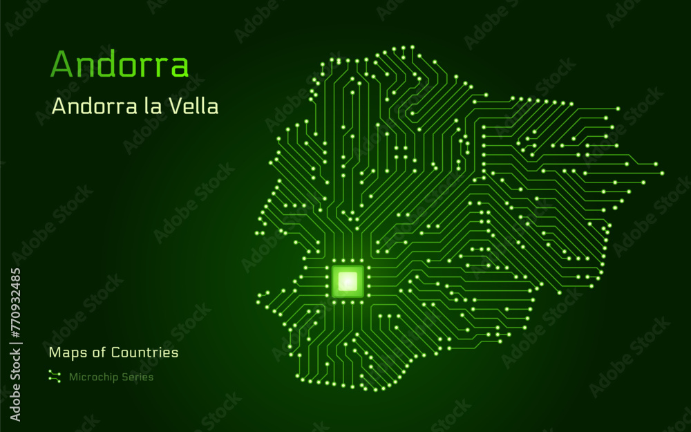 Andorra Map with a capital of Andorra la Vella Shown in a Microchip ...