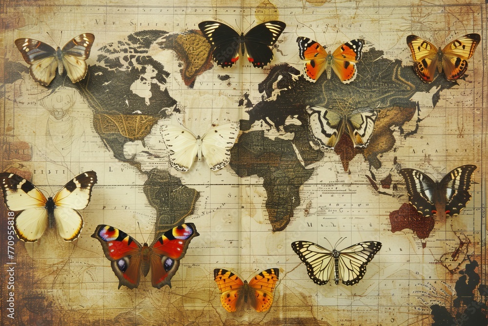 Vintage World Map with Colorful Butterflies Stock Photo | Adobe Stock