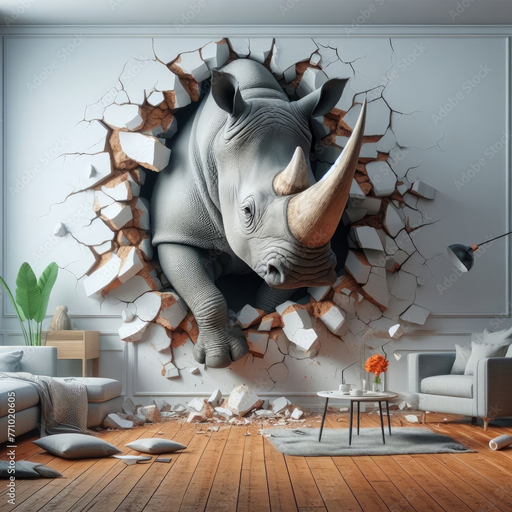 In this 3D rendering, a powerful rhinoceros bursts through the wall ...