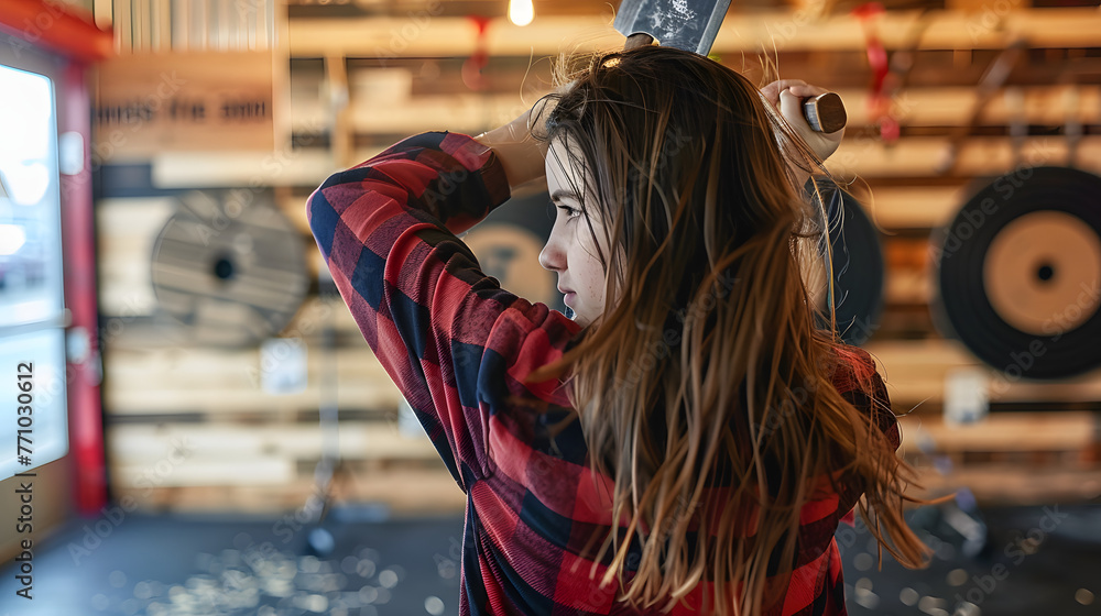 Young girl throws an axe at a target in an axe throwing range Stock ...