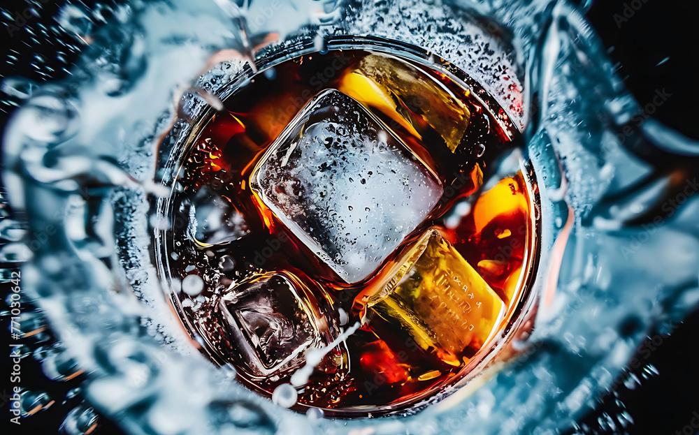 Ice cube falls into a glass with a cocktail coke whiskey and ice fluid ...