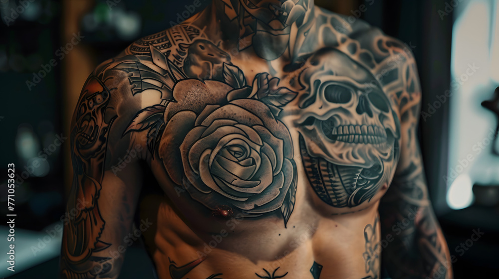 Full-front torso and arms covered with expertly inked traditional and ...