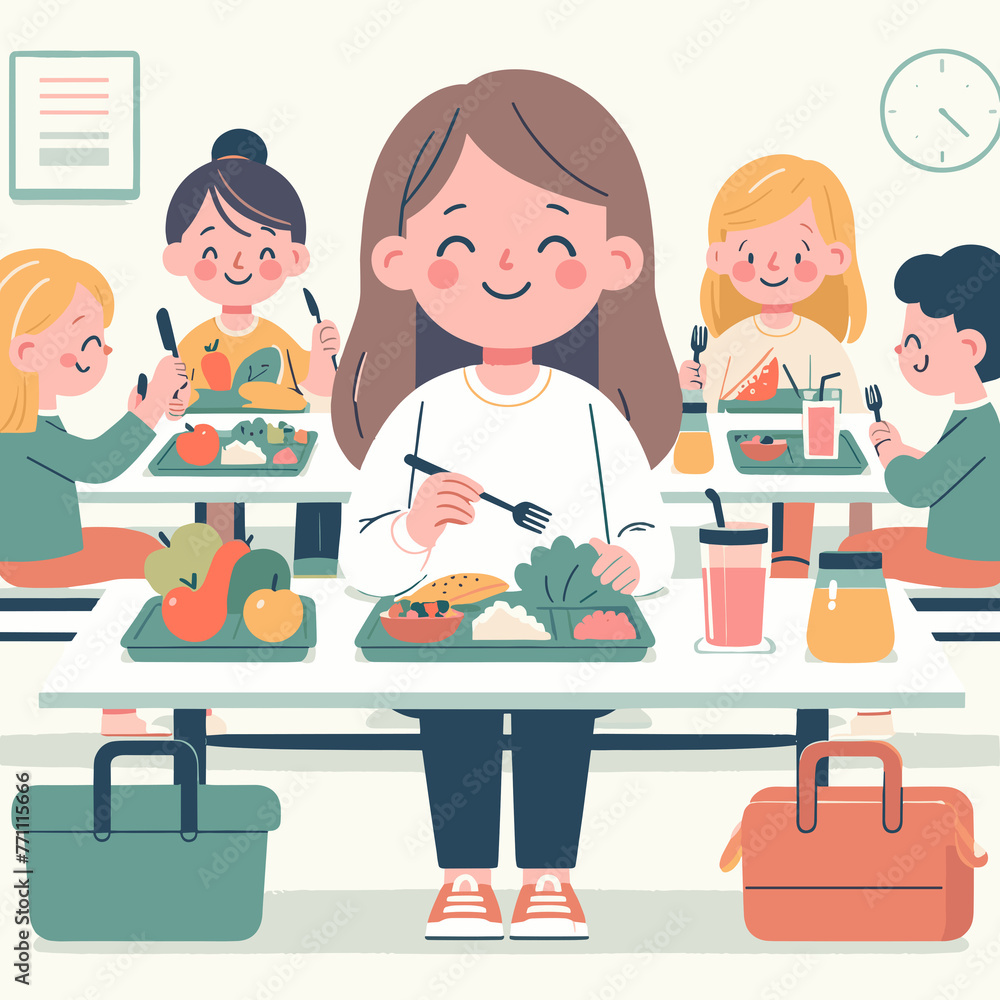 Children eating in school cafeteria. Flat color illustration. Lunch ...