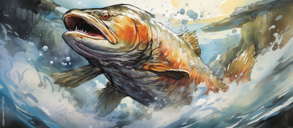 A painting depicting a carnivorous fish jumping out of the water ...