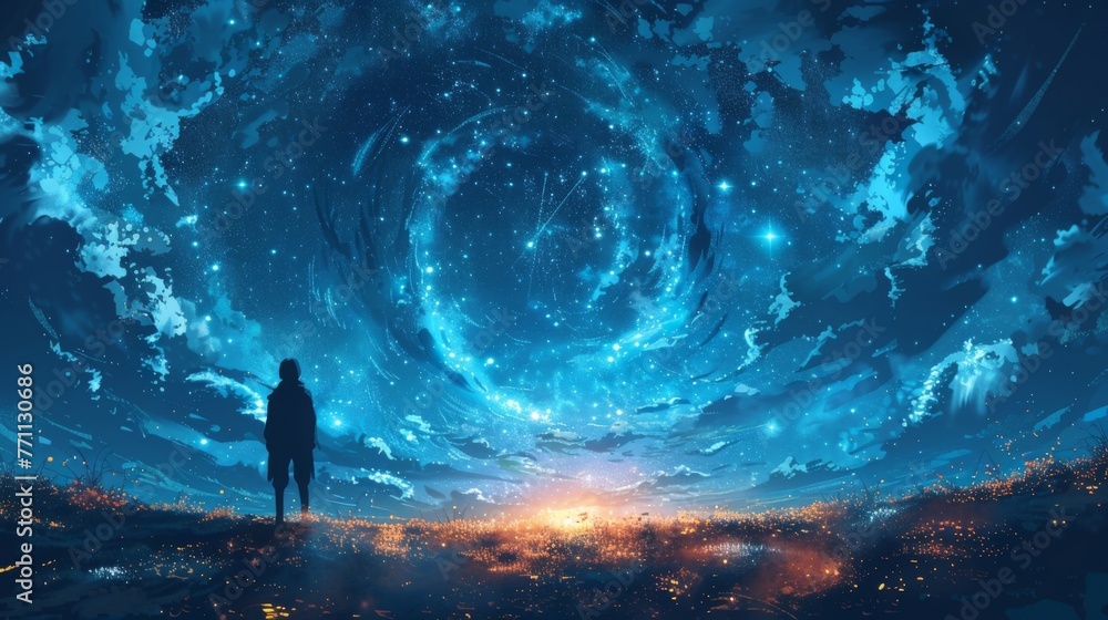 A vast starry night sky with a distant figure floating above it. The ...