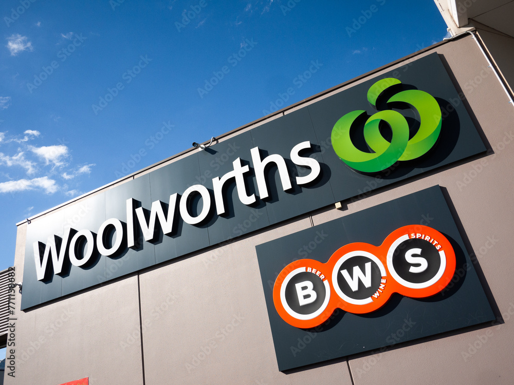 Melbourne, VIC Australia-May 7th 2019: Sign of Woolworths supermarket and BWS on building. BWS ...