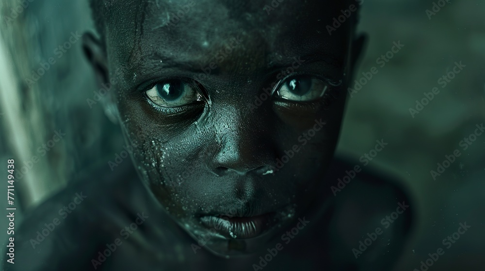 Illustration Stock Close-up of hungry African child's face in cinematic ...