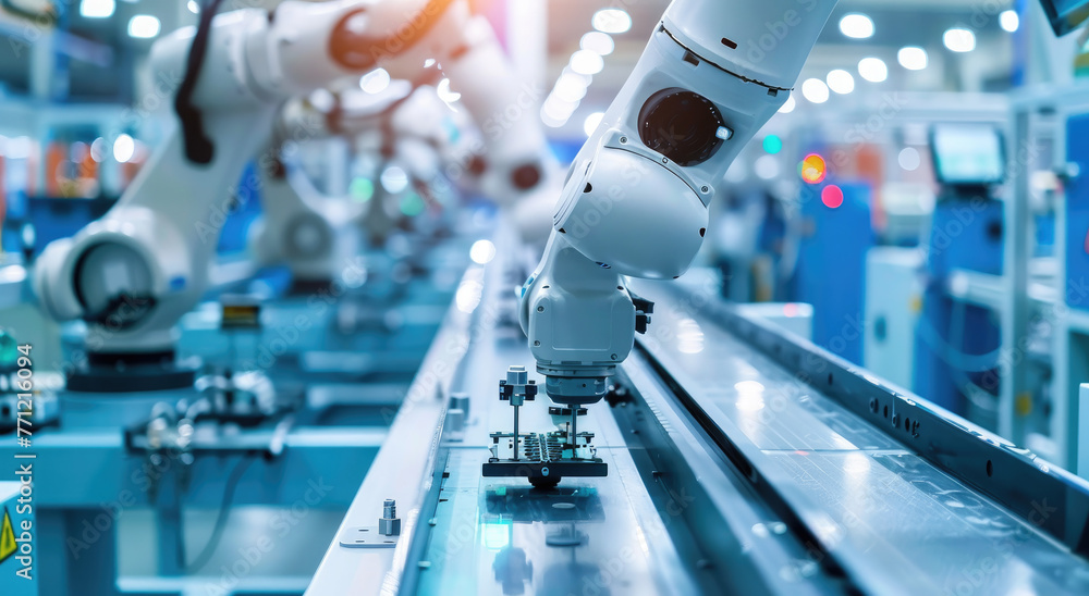 A photo of an advanced technology production line with robotic arms ...