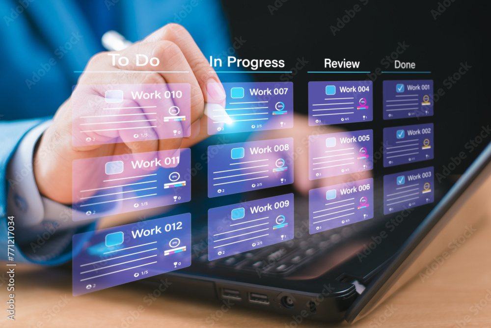 Kanban or scrum methodology board screen. Agile project management, software integration ...