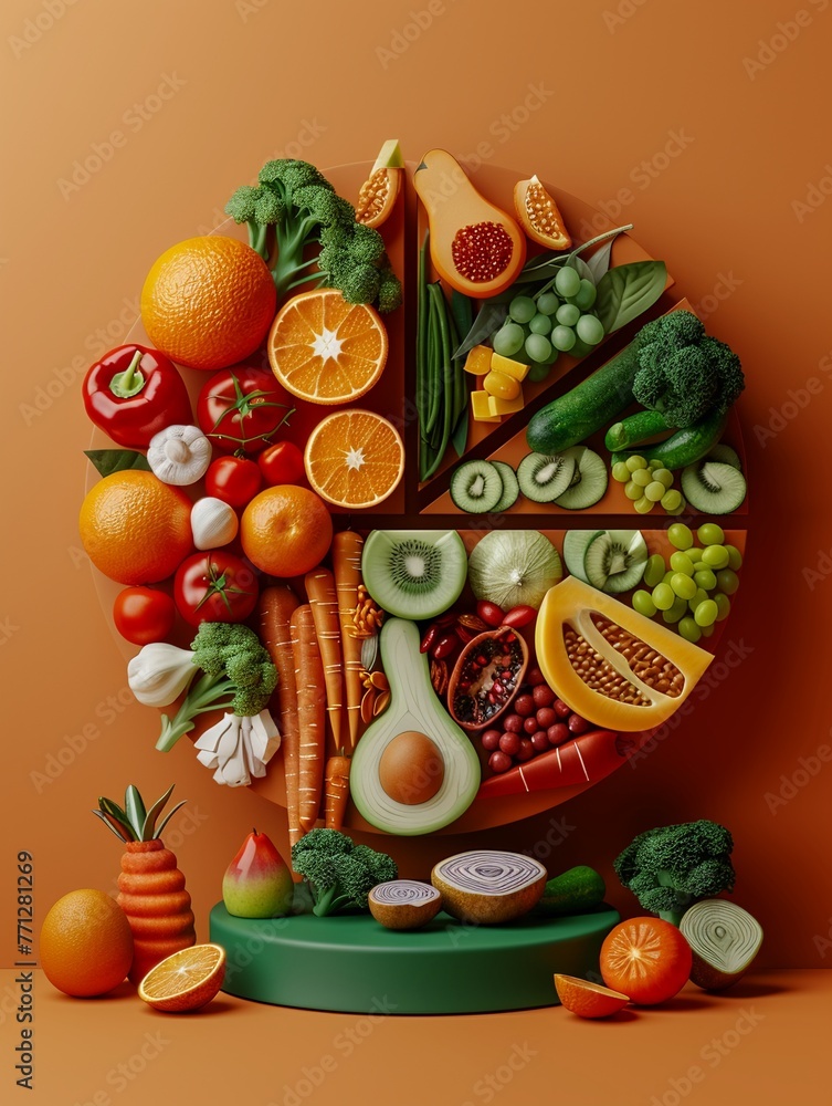 Healthy food growth in 3D clay pie chart isolated against solid ...