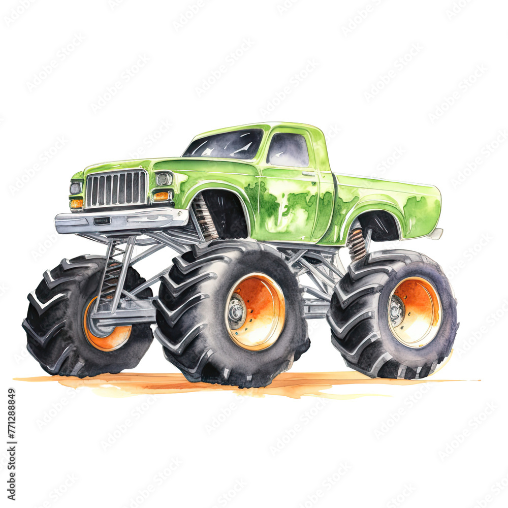 AI-generated watercolor green Monster truck clip art illustration ...