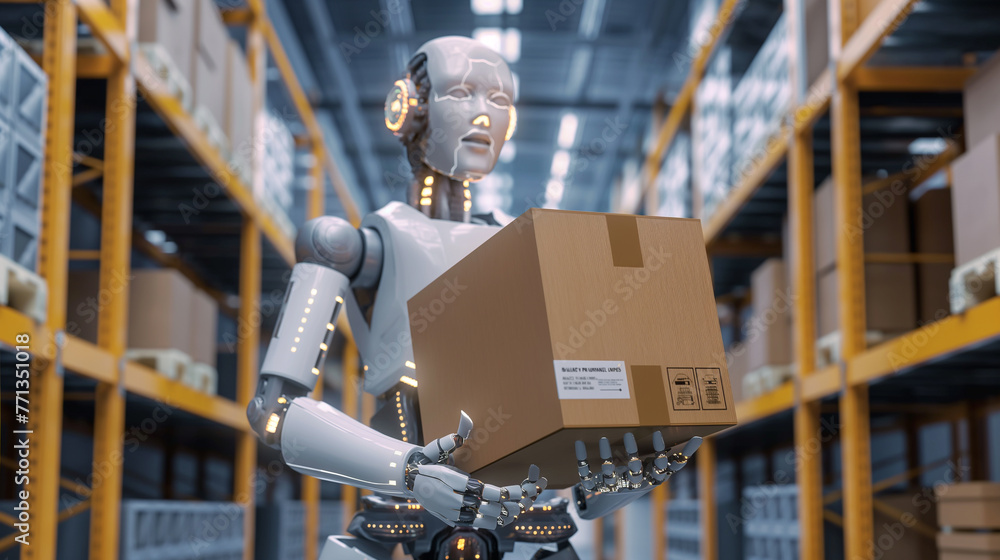 Innovative industrial robots that replace human labor Automated warehouse concept with 3D ...