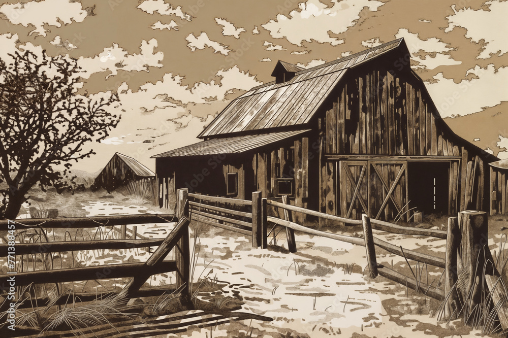 Stock-Illustration „Vintage Farm Barn, in style of engraving, woodcut ...