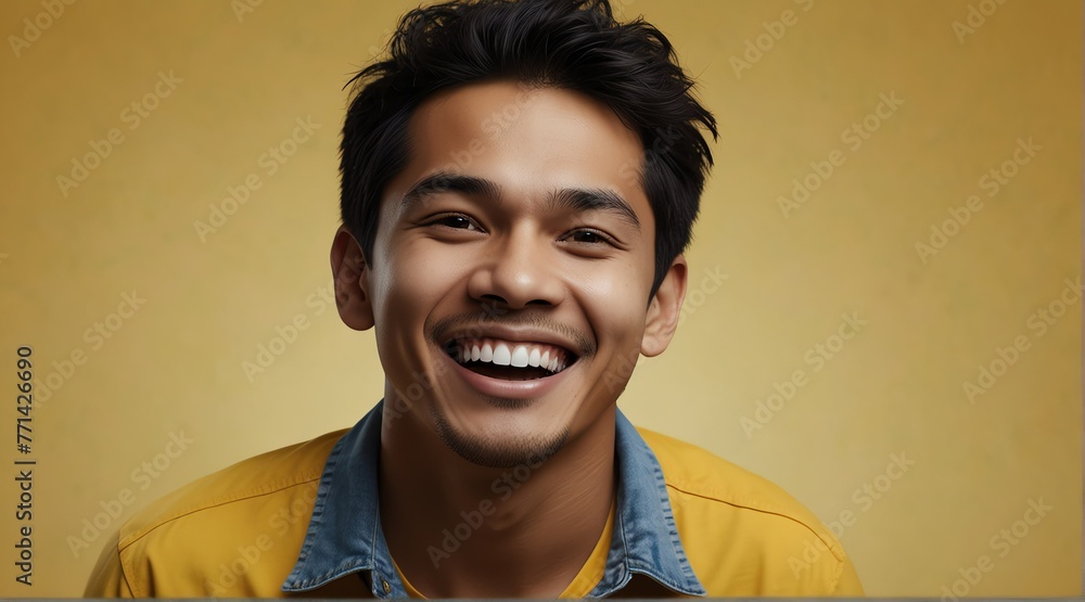 young filipino man on plain bright yellow background laughing ...