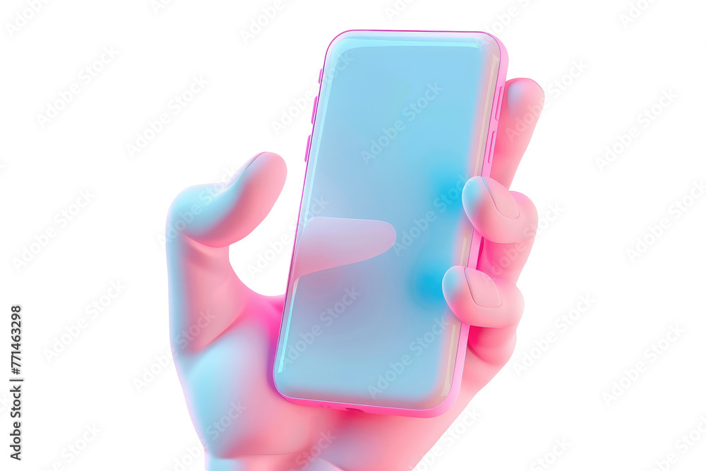 Cute cartoon hand holding blue smartphone isolated on white background ...