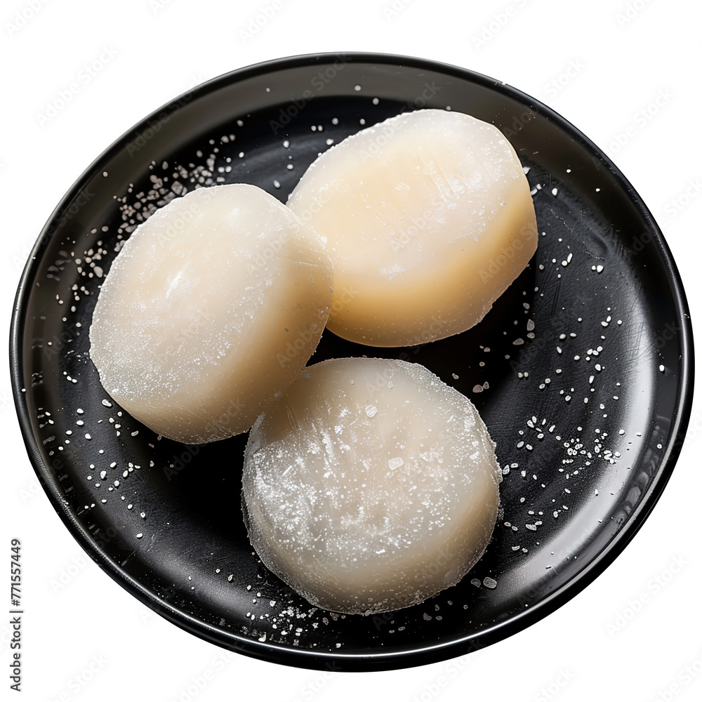 ice cream mochi balls on black dessert plate, isolated on transparent ...