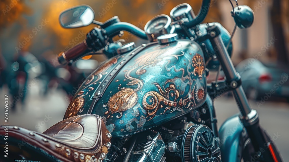 A custom-painted vintage motorcycle tank is depicted in close-up ...