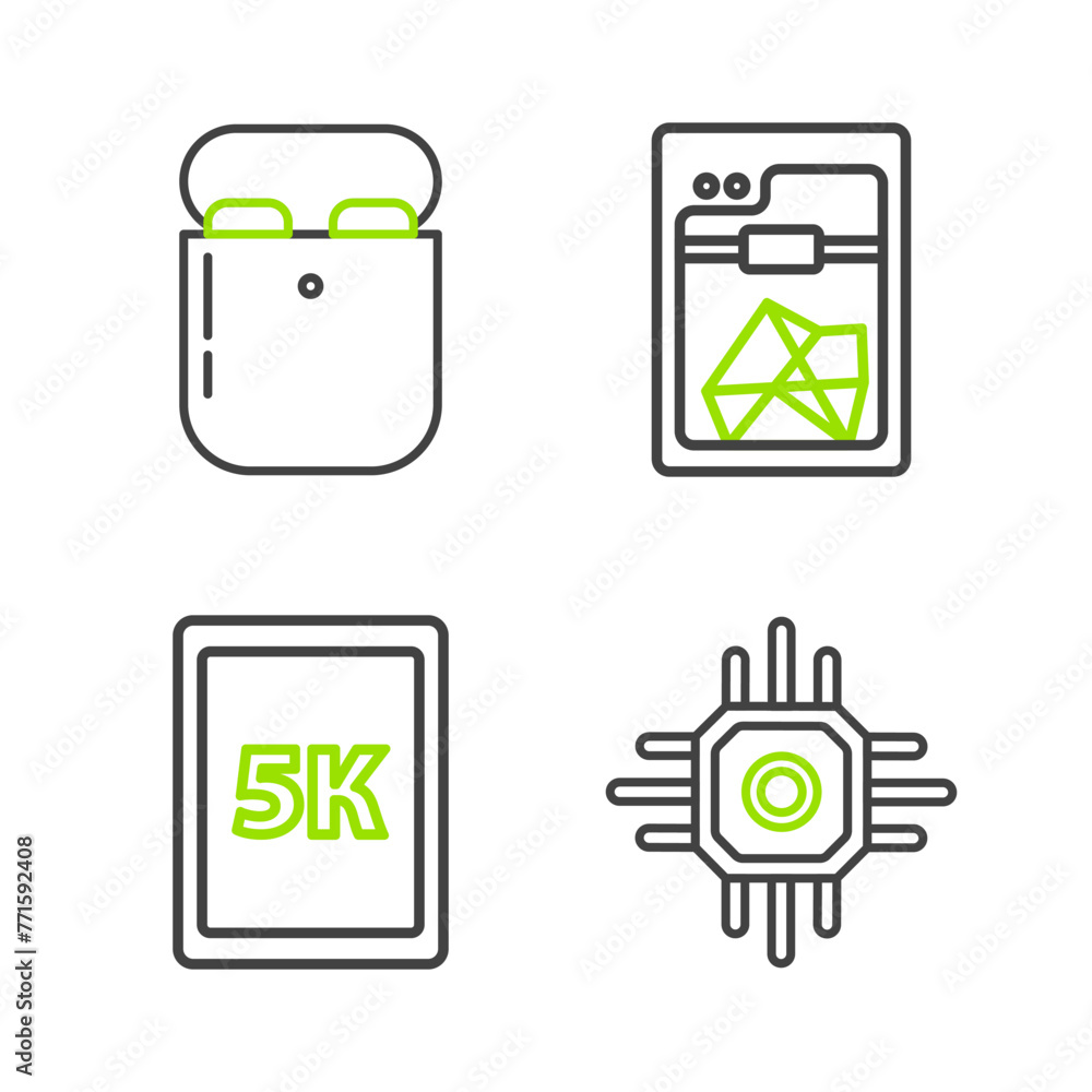 Set line Processor, Tablet with text 5k, 3D printer and Air headphones box icon. Vector Stock ...