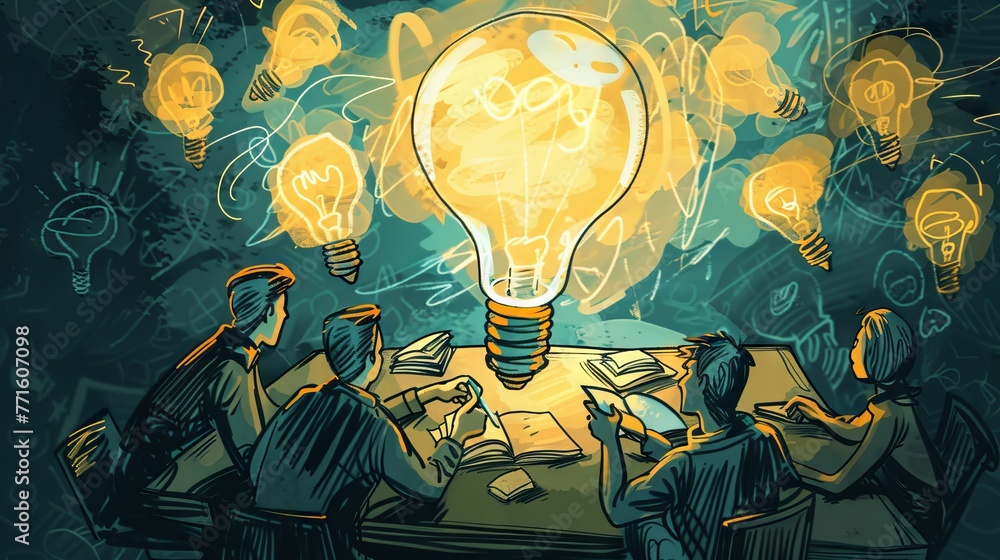 Brainstorming Session, A doodle of a team huddled around a cluttered ...