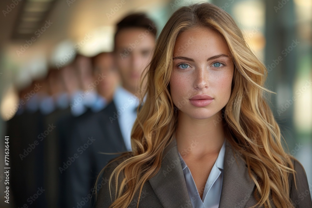 A young woman displays a captivating look with striking blue eyes in a ...