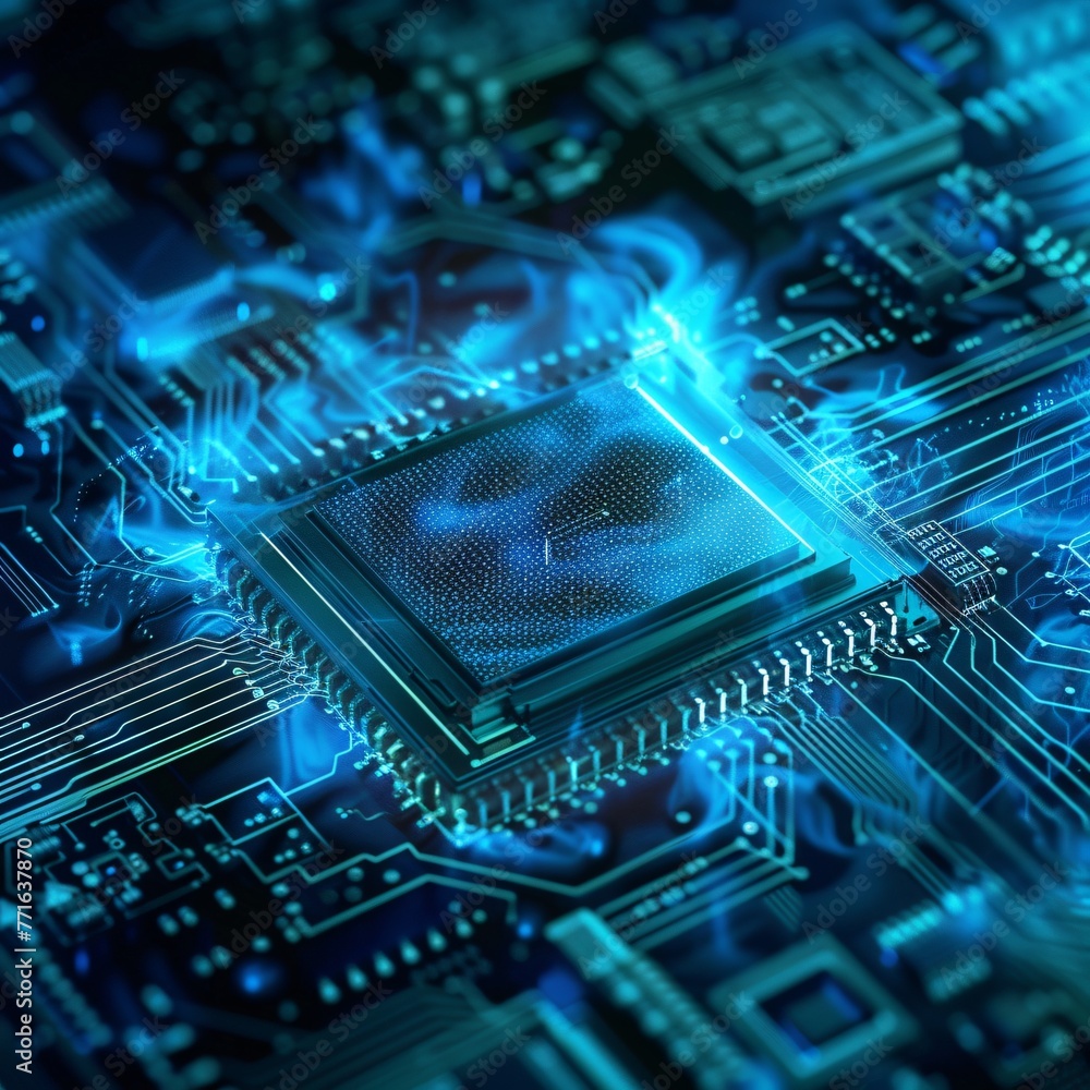 Futuristic transistor concept with a vivid blue aura depicting the ...