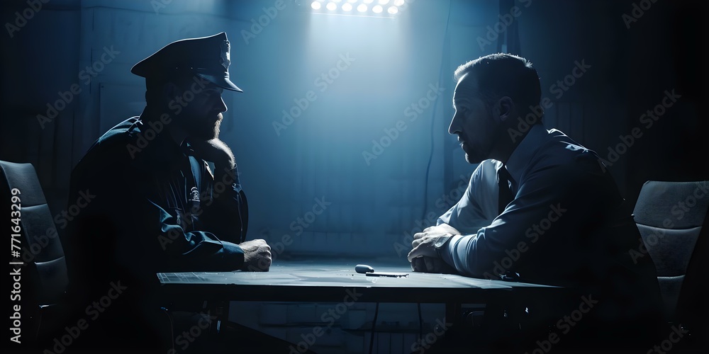 Police officer showing evidence to suspect in interrogation room during crime investigation ...