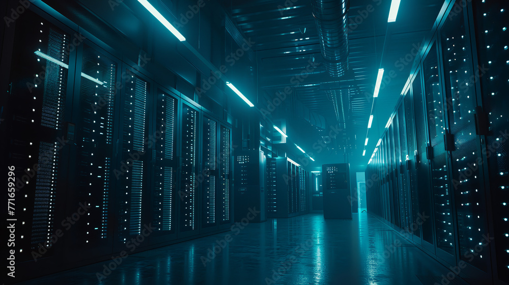 Photo Stock Modern Data Technology Center Server Racks in Dark Room ...