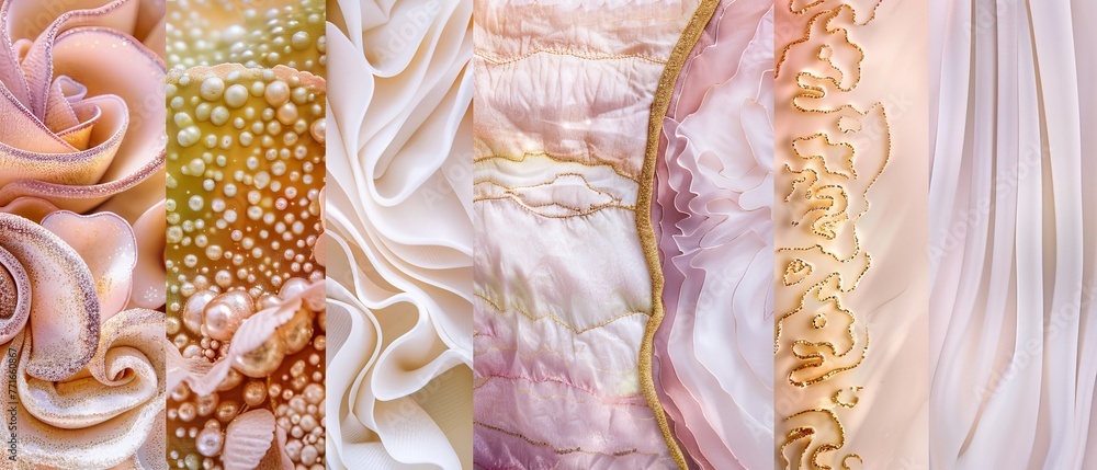 Luxurious organic textures, flowers in white, gold, pink hues ...