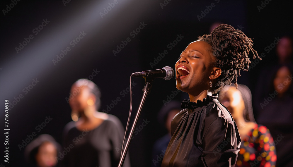 Dramatic image of female black gospel singer with gospel choir behind ...