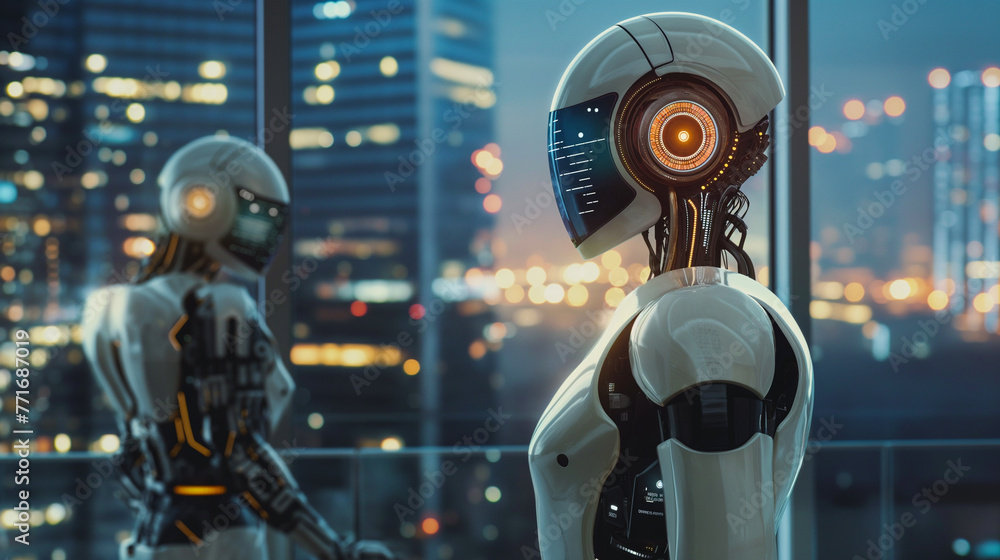 Illustration Stock Futuristic Robots Overlooking a Cityscape at Night. Two humanoid robots ...