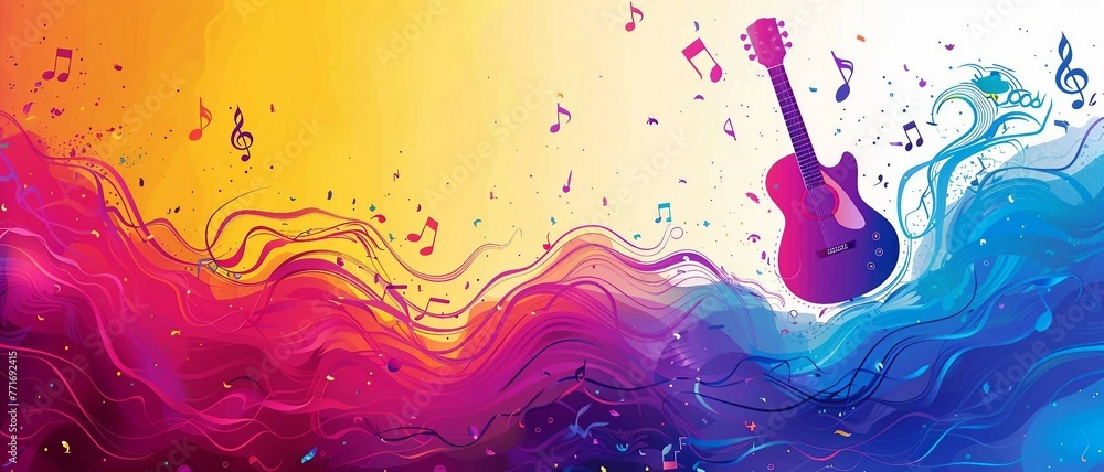music background with iconic music symbols. on a vibrant rainbow ...