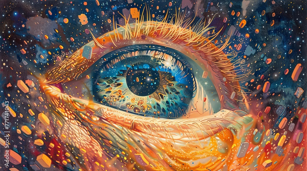 This striking painting captures a human eye gazing through a colorful ...