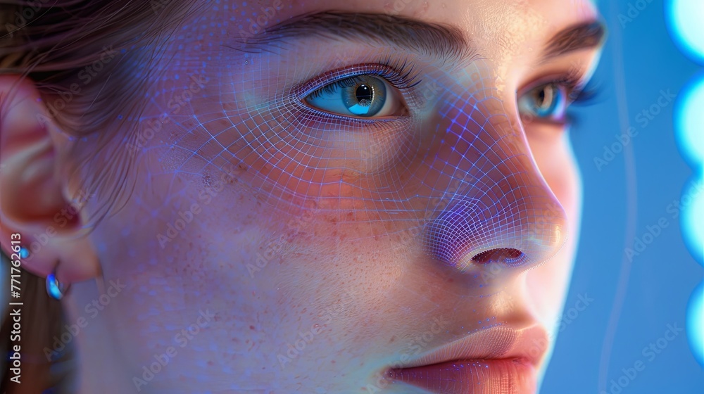 A woman's face with a grid of grids applied on top of it. Concept of ...