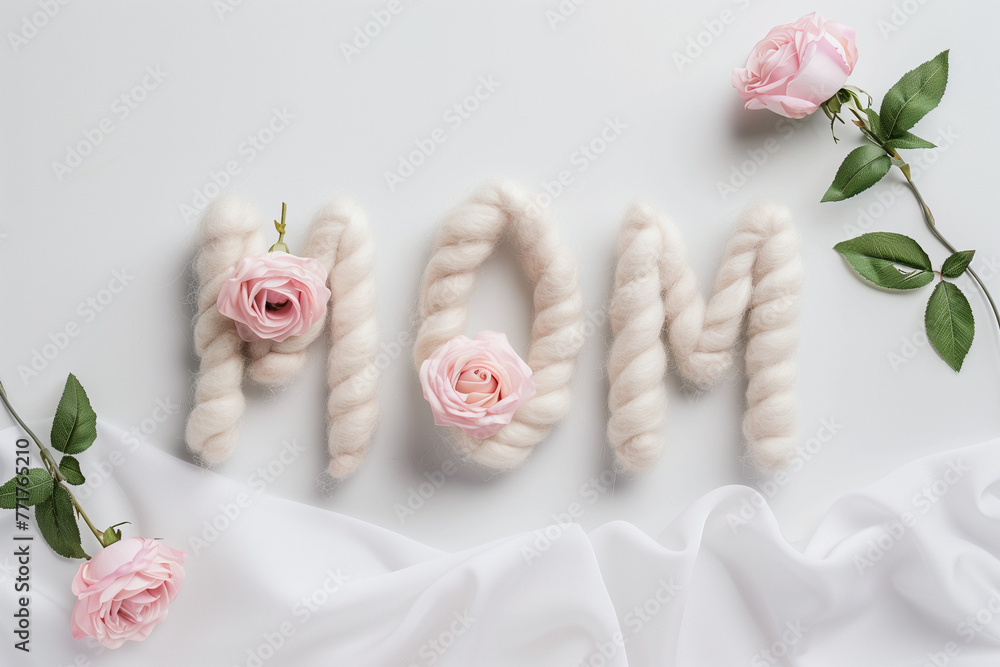 MOM word made with flower petals and leaves. Mother's day natural ...