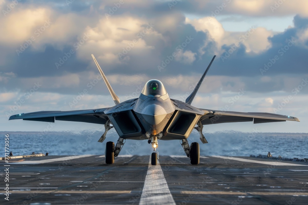 Low angle front view of an F-22 Raptor fighter jet ready to take off ...