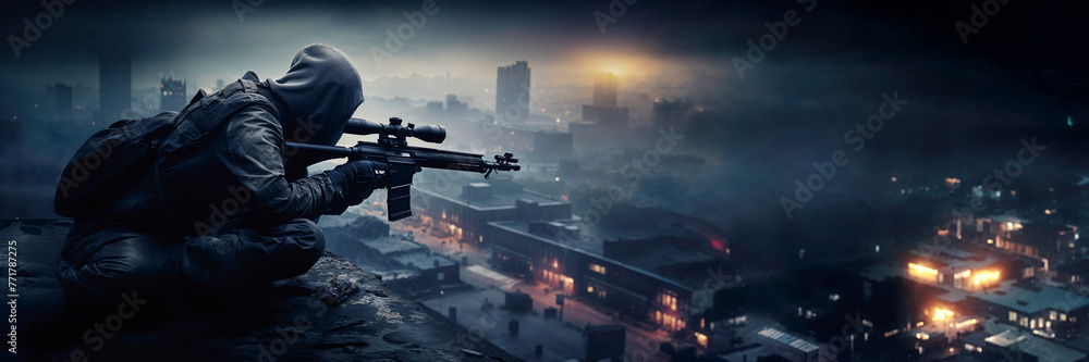 war conflict sniper shooter holding sniper or assault rifle with zoom ...