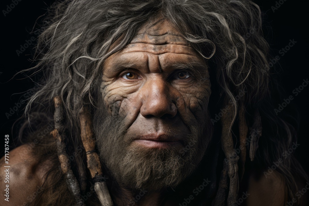 Mysterious Neanderthal man face portrait. History ancient museum early ...