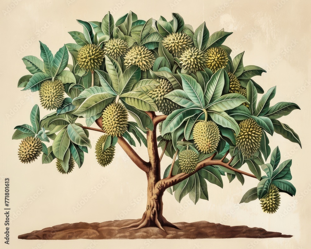A vintage-style botanical illustration of a durian tree detailing its ...