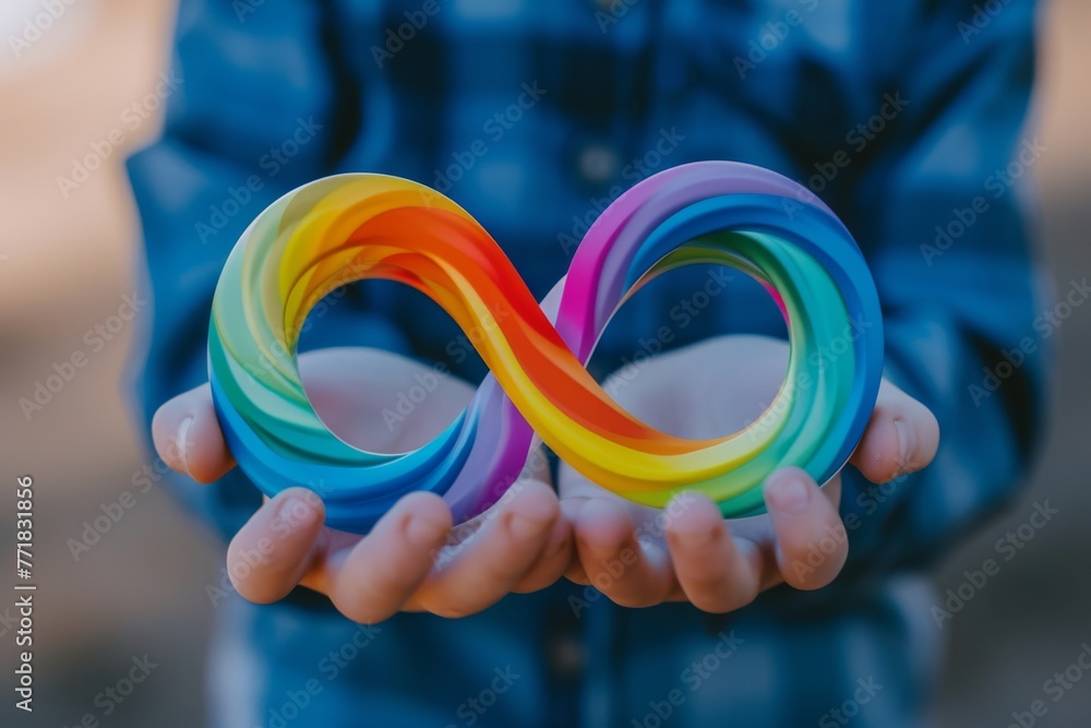 Little boy hands holding autism infinity rainbow symbol sign. World ...