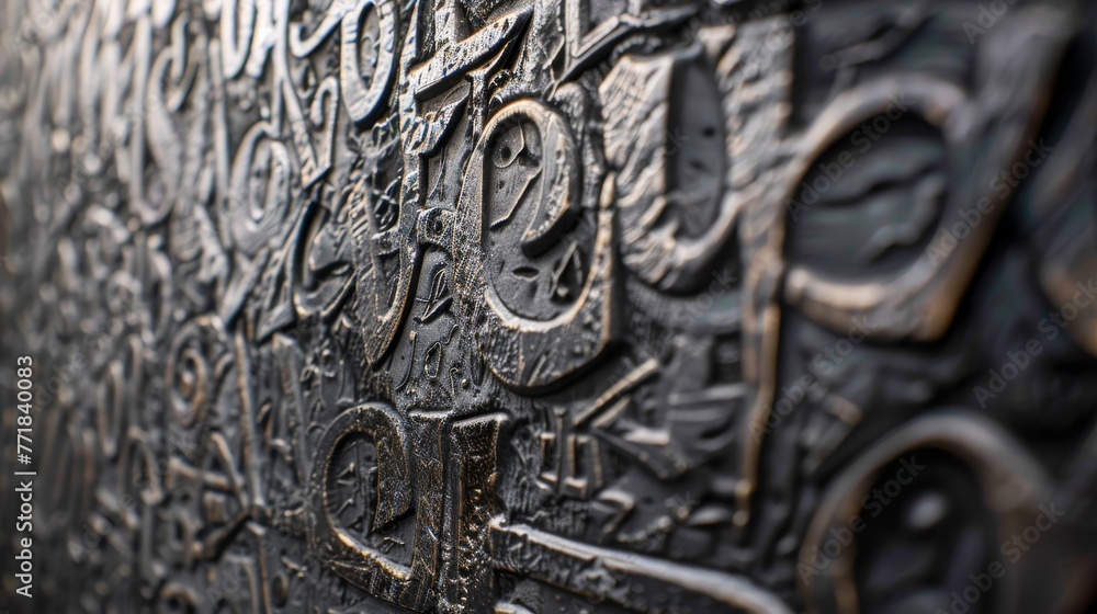 A detailed macro lens captures the intricate details of embossed ...